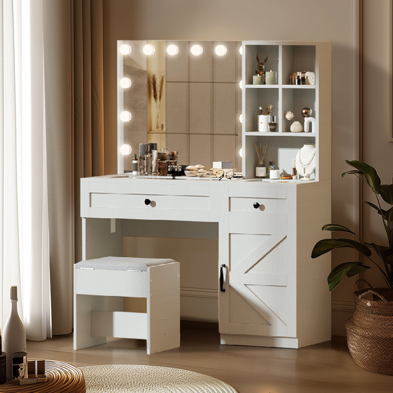 Vanity set with lighted mirror cushioned stool dressing table makeup table store